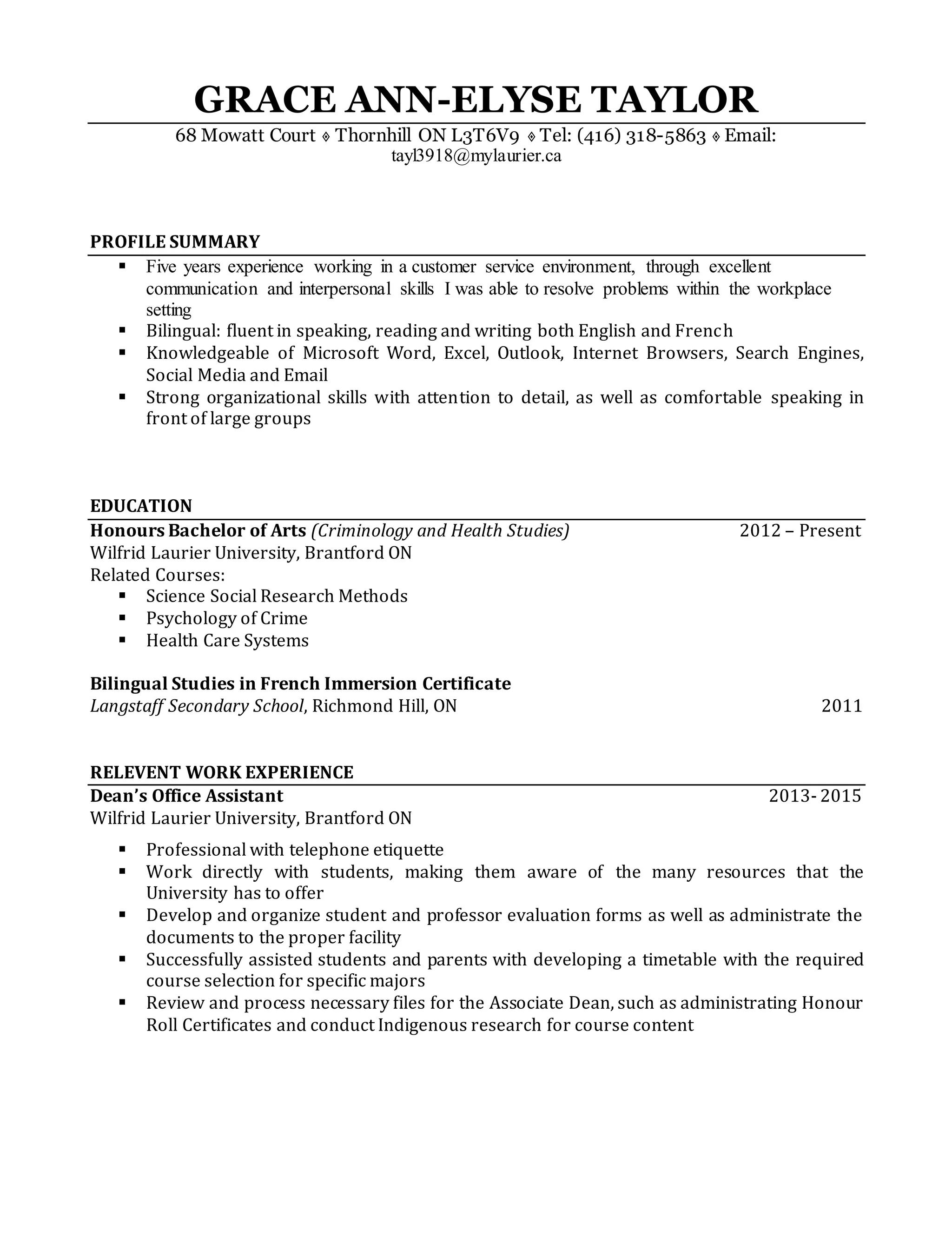 Grace Ann Taylor Resume Simple | PDF