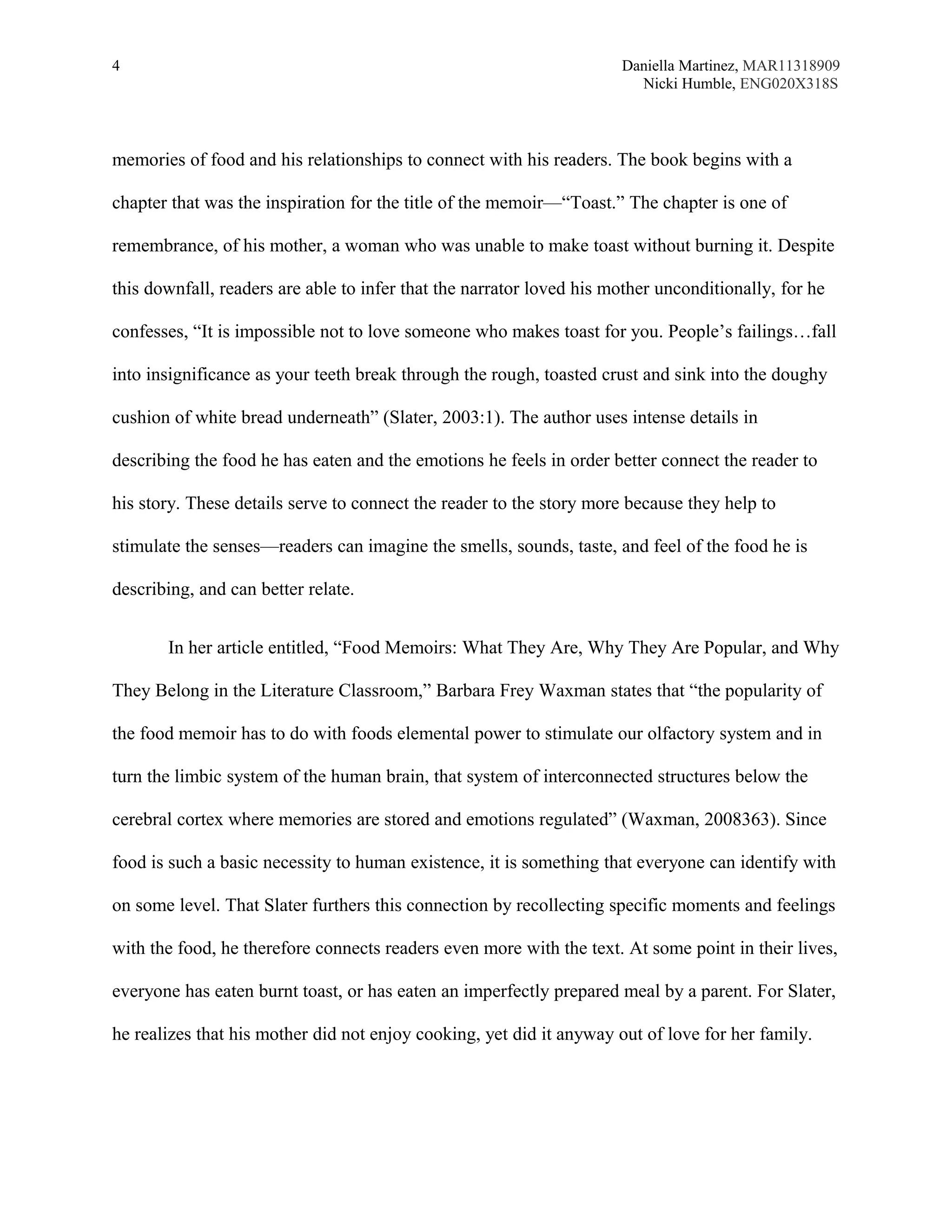 Food Memoir EssayMSWord | DOC