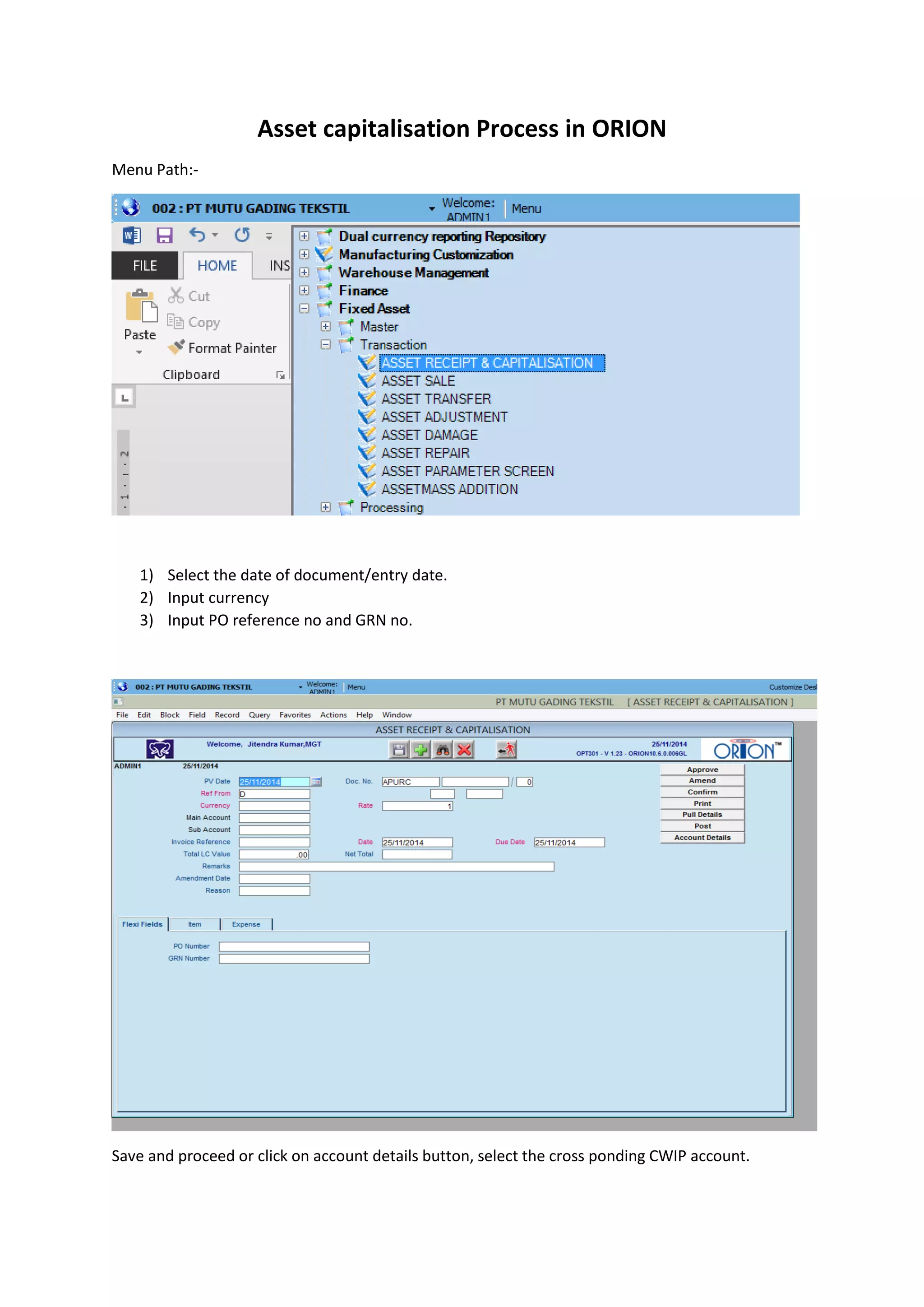 Asset capitalisation Process in orion | PDF