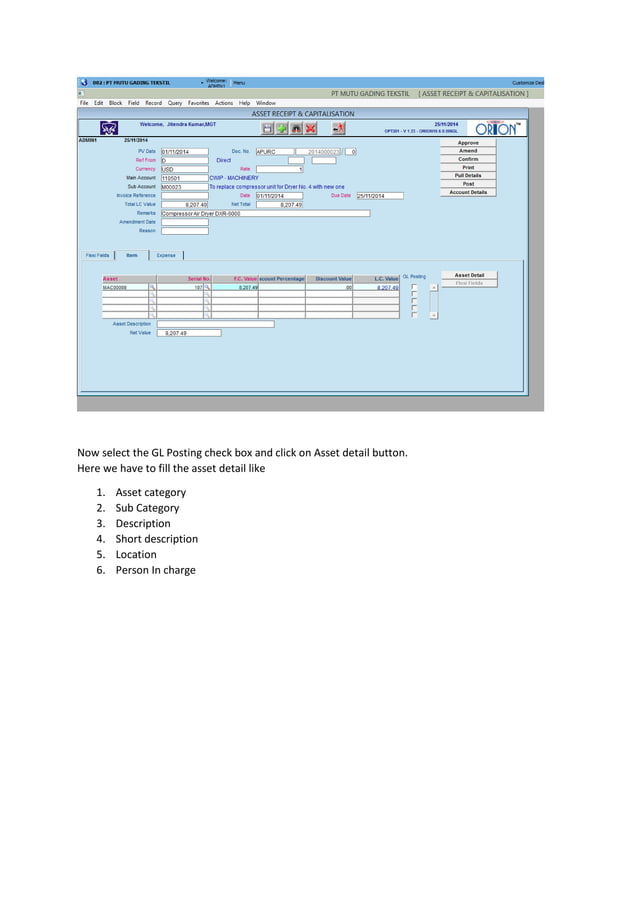 Asset capitalisation Process in orion | PDF