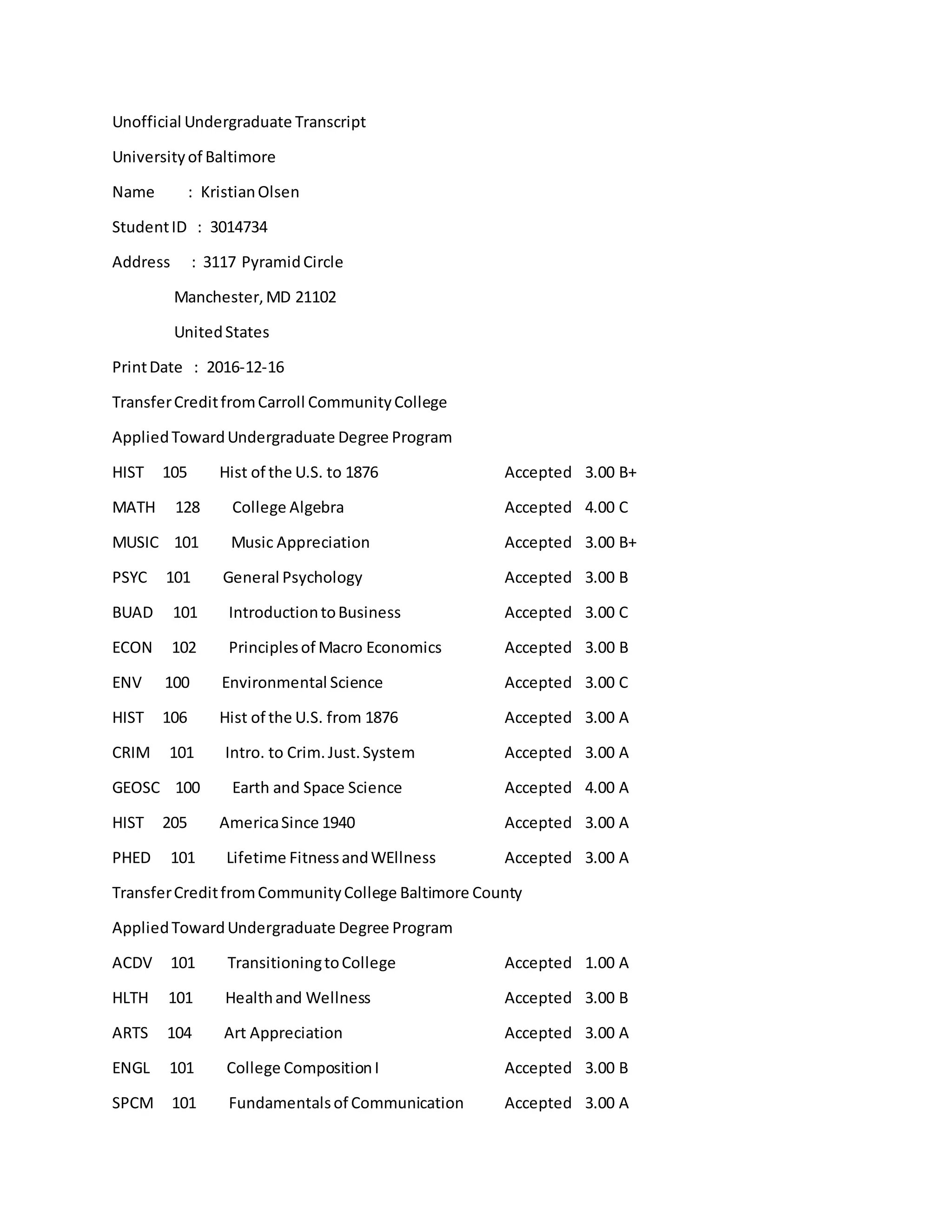 Kristian Olsen - Unofficial Transcript | PDF