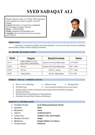 SYED SADAQAT ALI CV | PDF | Business Administration | Business