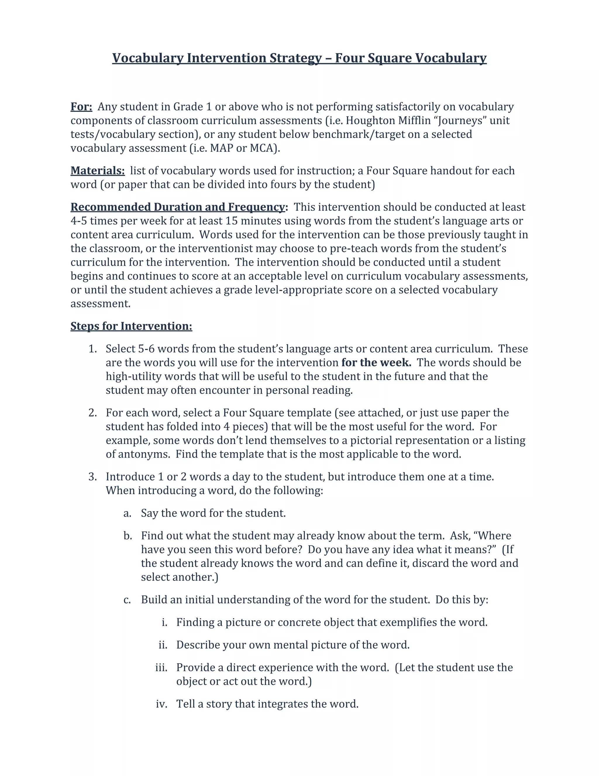 Four-Square-Vocabulary-Intervention | PDF | Educational Assessment ...