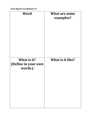 Four Square Vocabulary Graphic Organizer