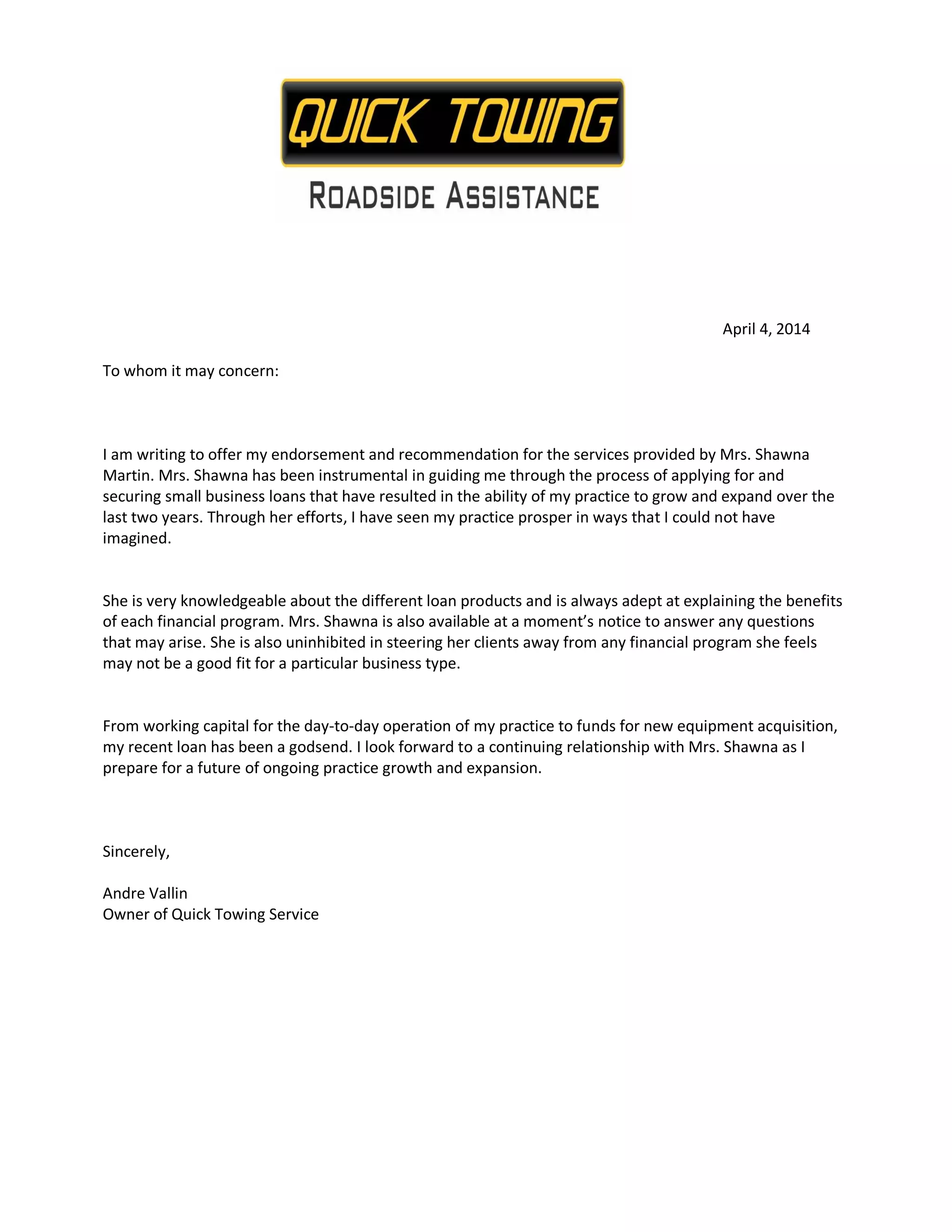 QUICK TOWING_ SMARTIN REC. LETTER | PDF