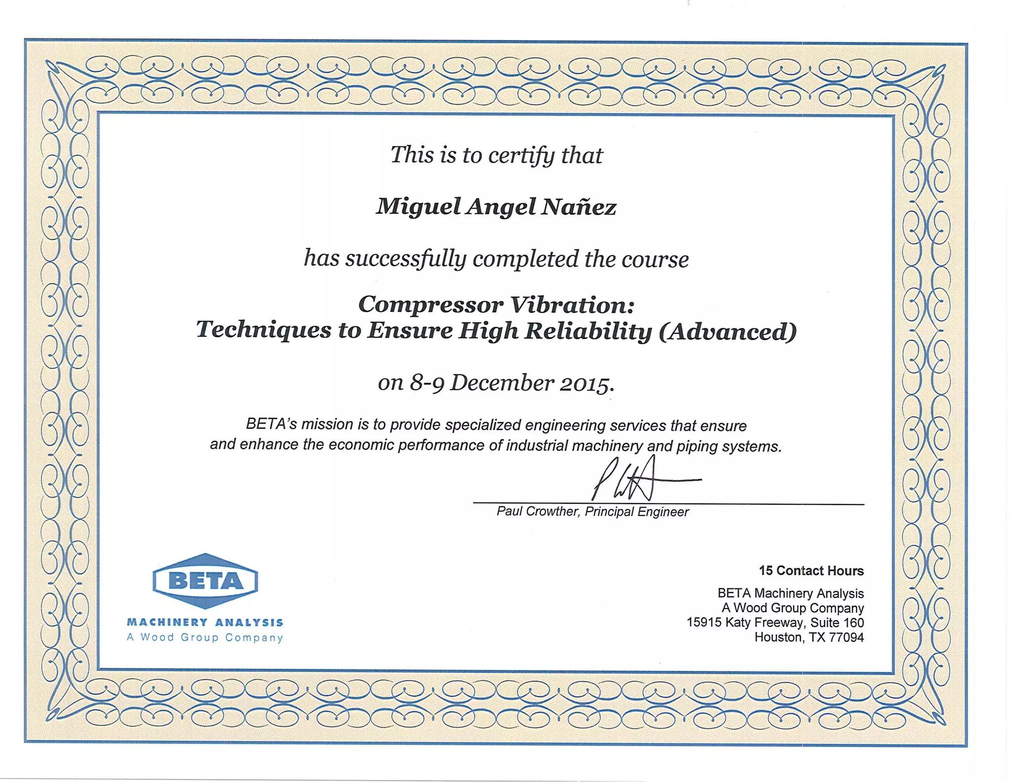 Course Certificate - Compressor Vibration - Miguel Angel Nañez | PPT