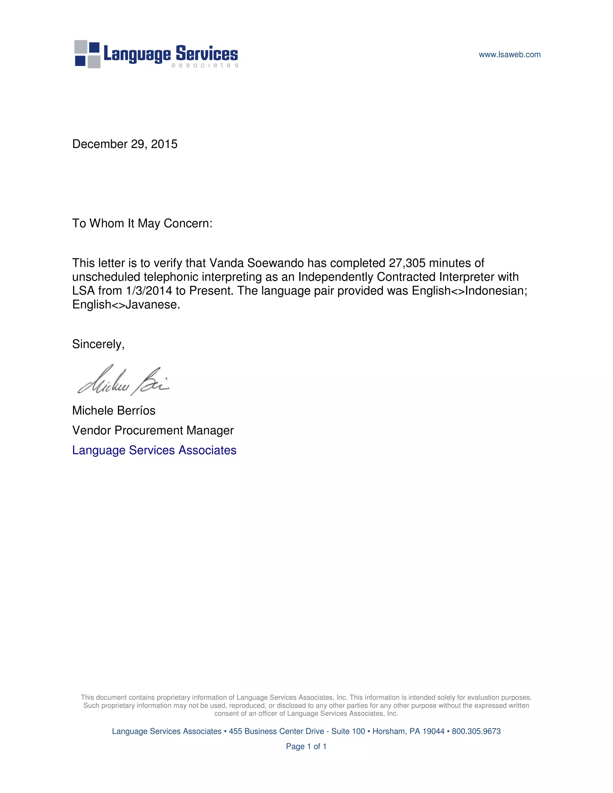 Vanda Soewando- LSA Verification Letter | PDF