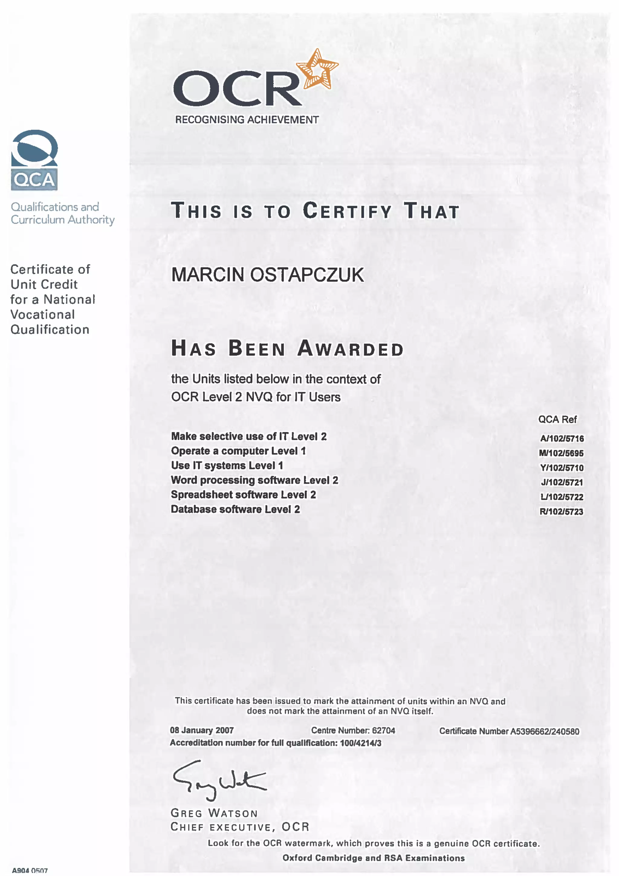 Certificate - OCR - NVQ LEVEL 2 FOR IT USERS | PDF