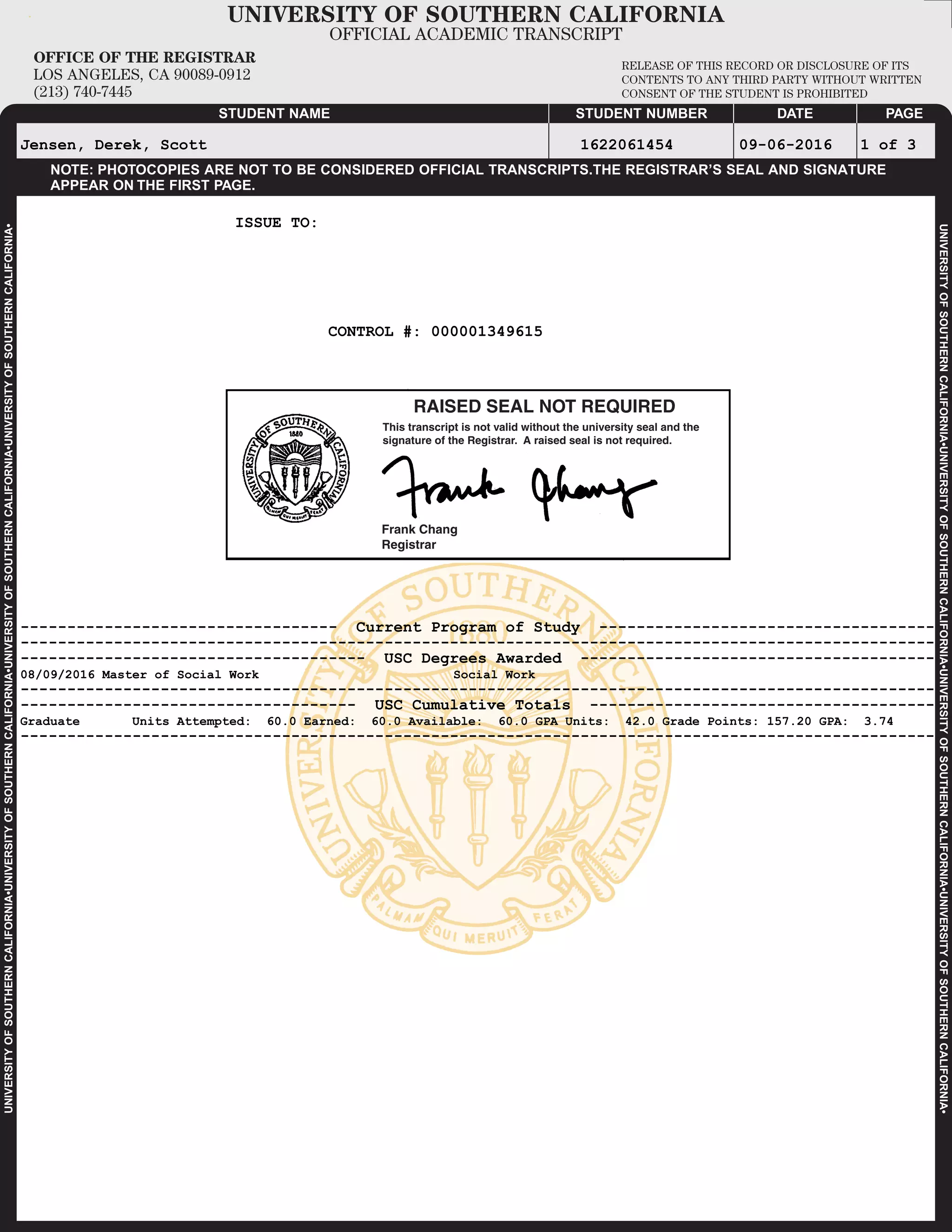 USC Transcript | PDF | Postgraduate Education | College Education