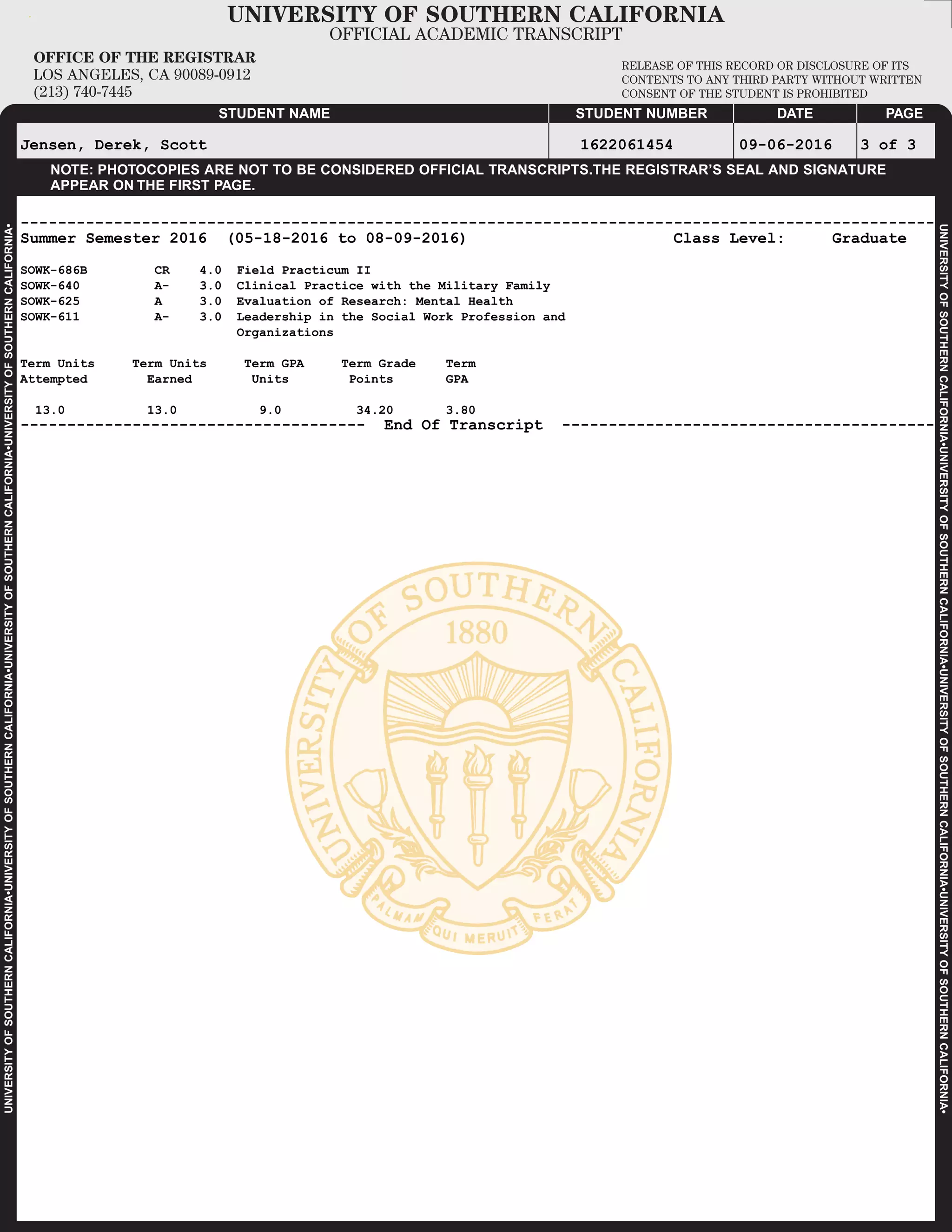 USC Transcript | PDF