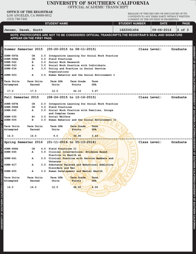 USC Transcript | PDF | Postgraduate Education | College Education