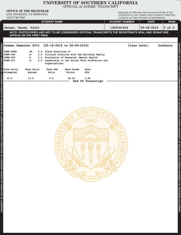 USC Transcript | PDF | Postgraduate Education | College Education