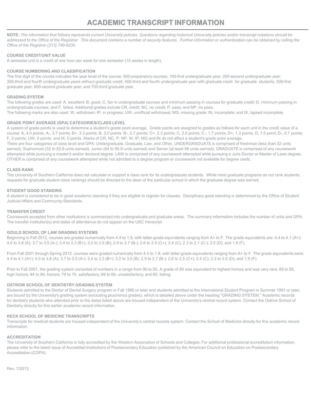 USC Transcript | PDF | Postgraduate Education | College Education