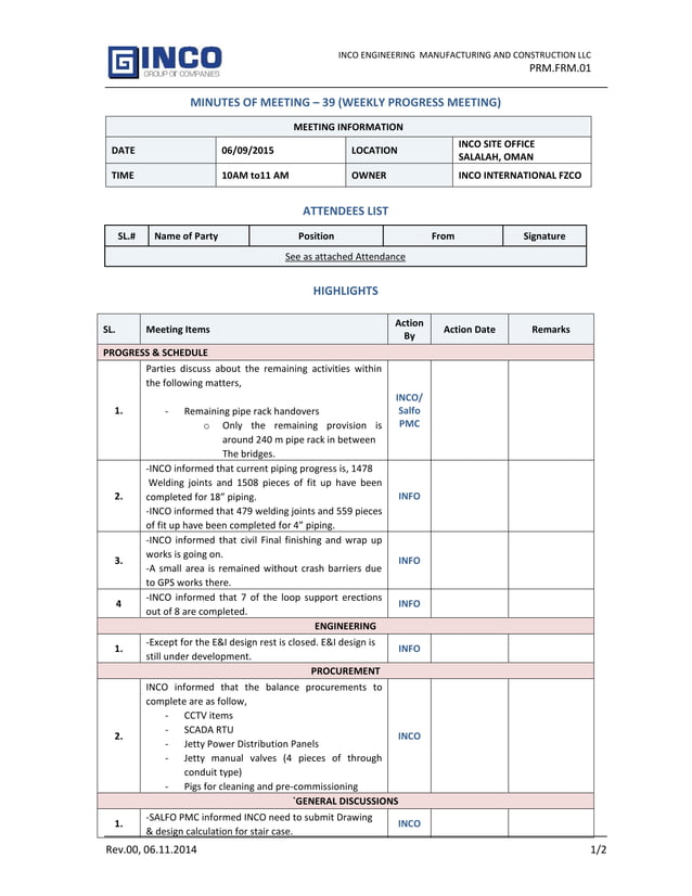 Minutes of Meeting-39Weekly Progress Meeting | PDF