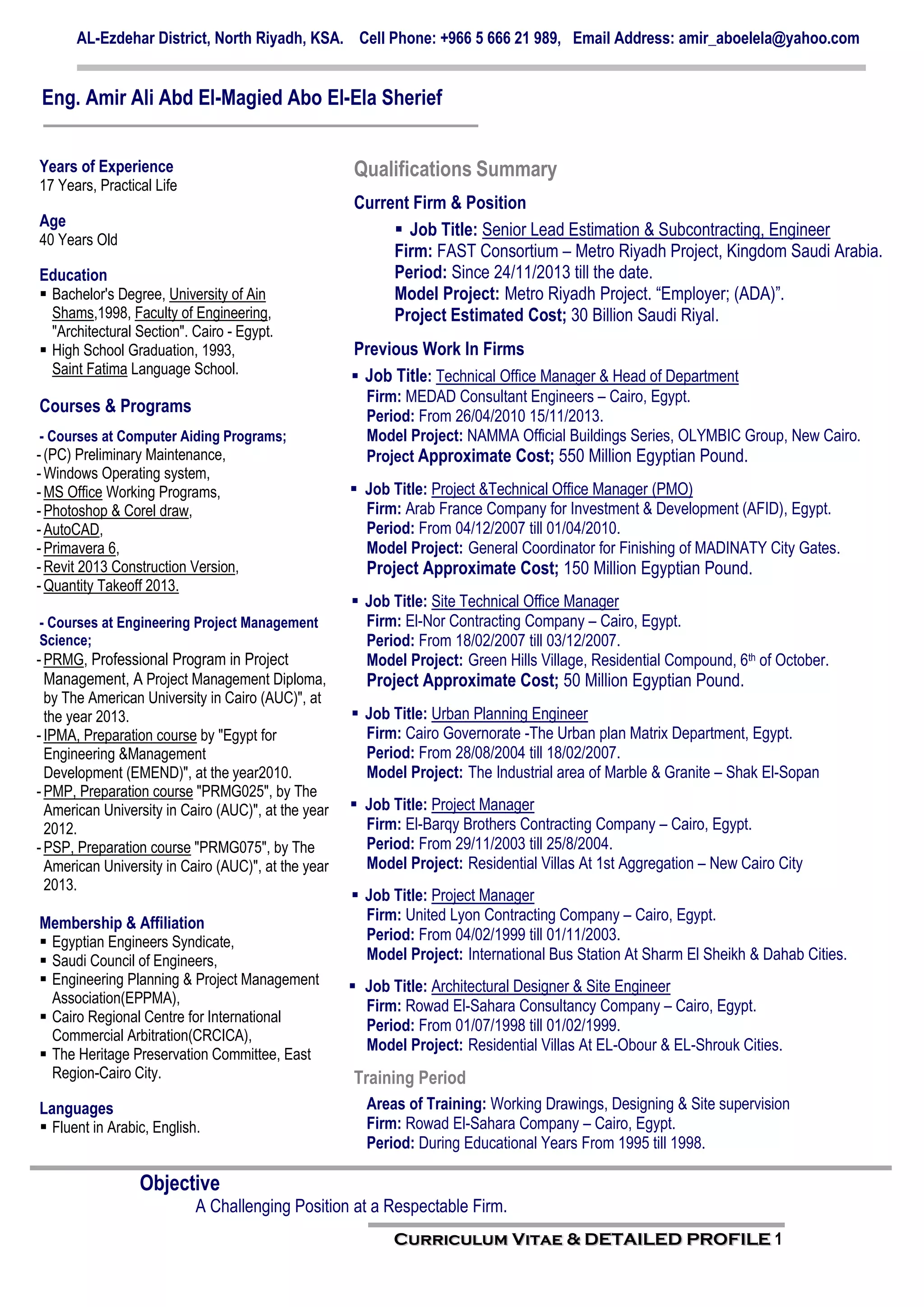 ENG.AMIR ALI ABDELMAGIED C.V. & PROFILE @ March- 2016 | PDF | Civil Engineering Industry ...