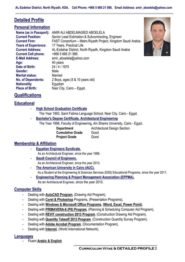 ENG.AMIR ALI ABDELMAGIED C.V. & PROFILE @ March- 2016 | PDF | Civil Engineering Industry ...