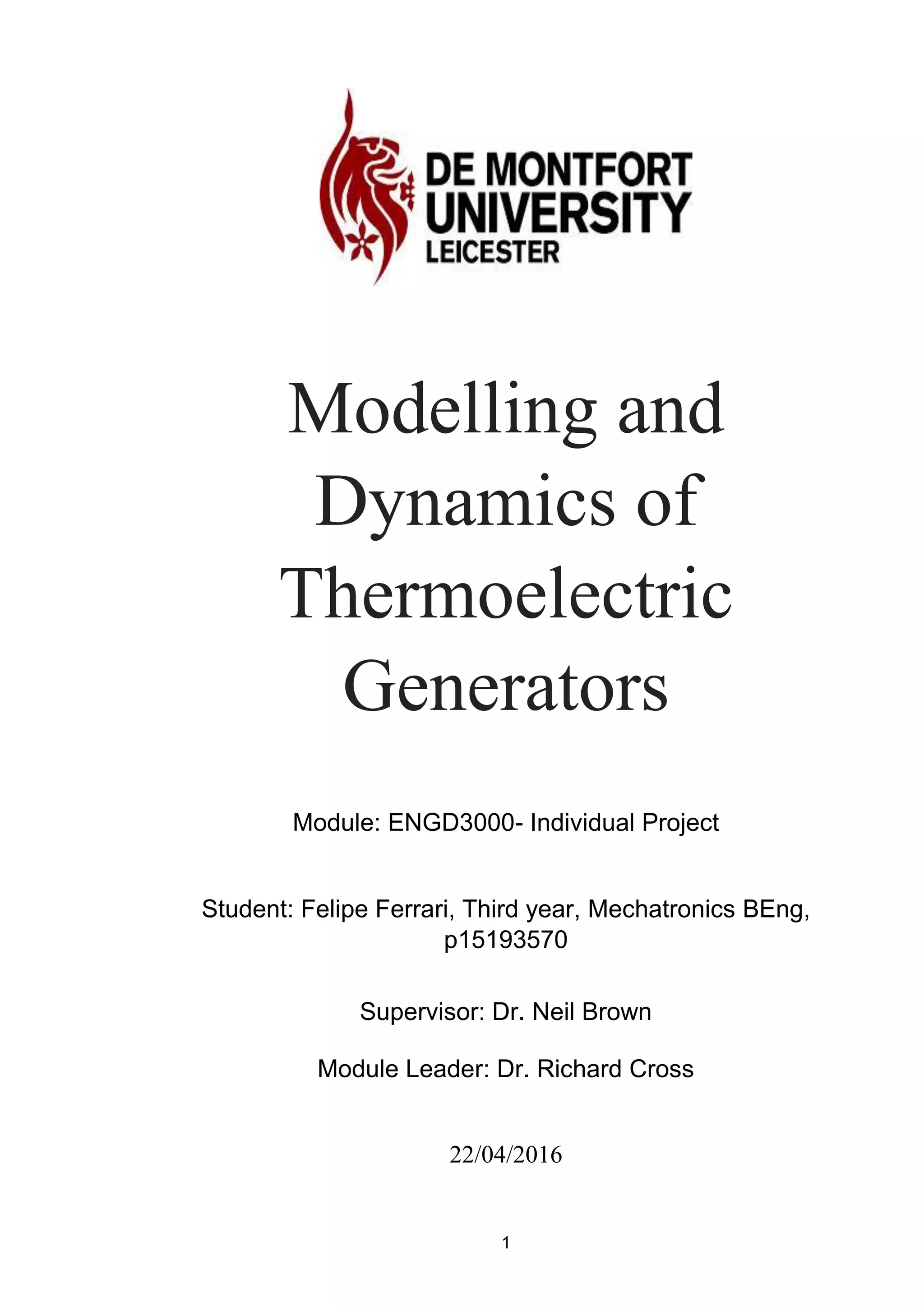 Modelling and Dynamics of Thermoelectric Generators | PDF