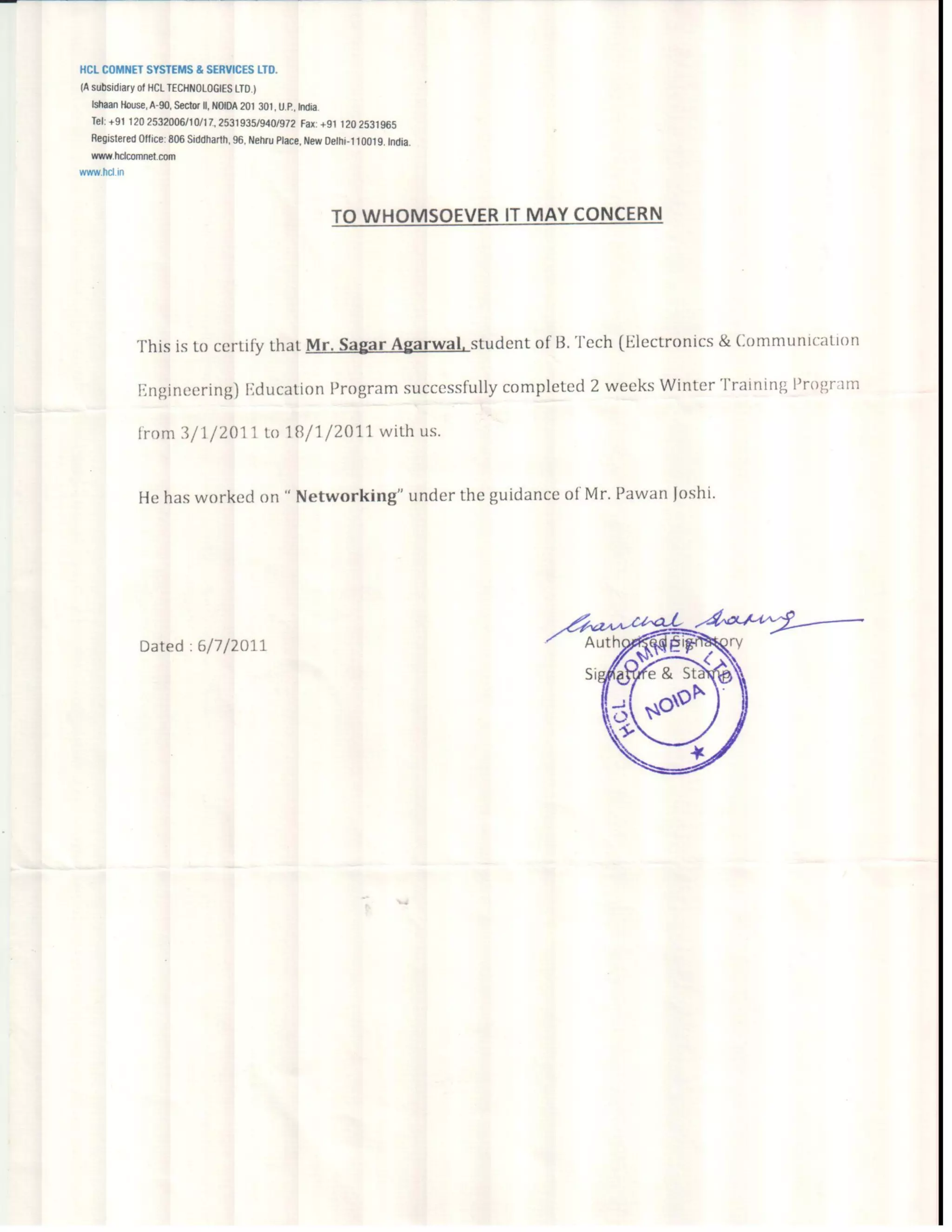 HCL- Training Certificate | PDF
