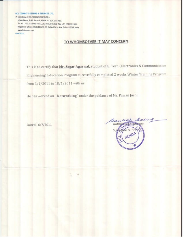 HCL- Training Certificate | PDF