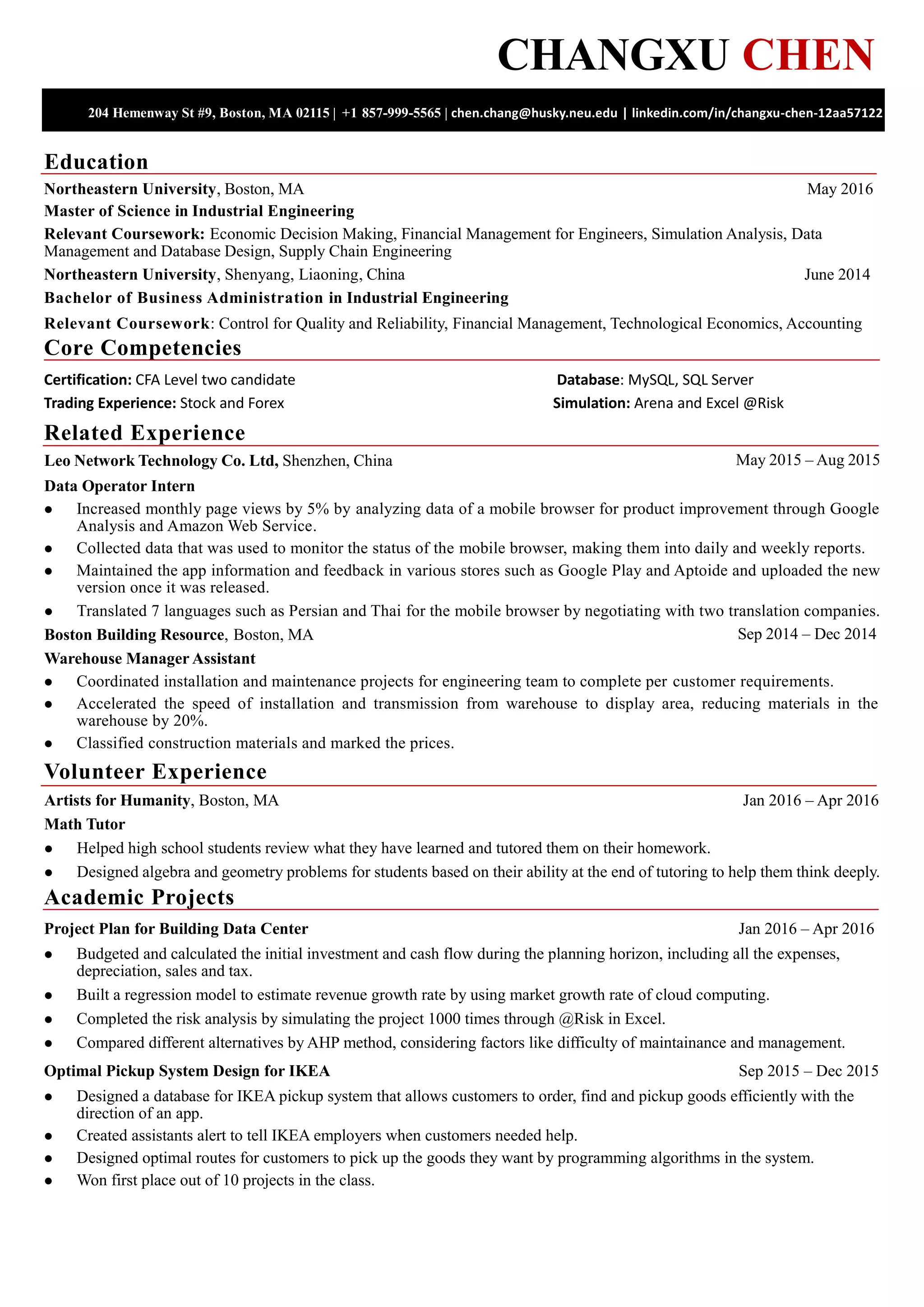 CHANGXU CHEN Resume(Finance) | PDF