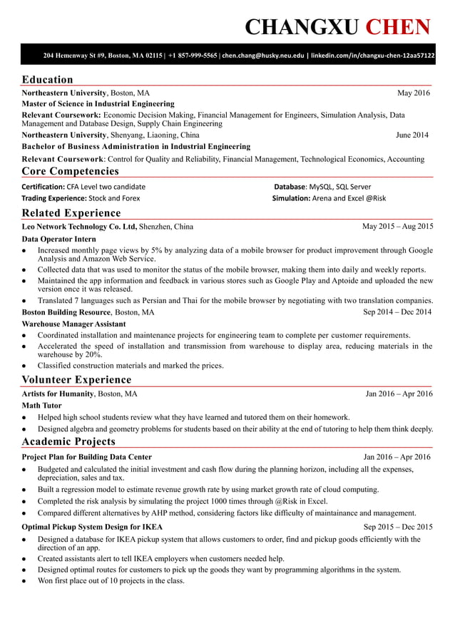CHANGXU CHEN Resume(Finance) | PDF