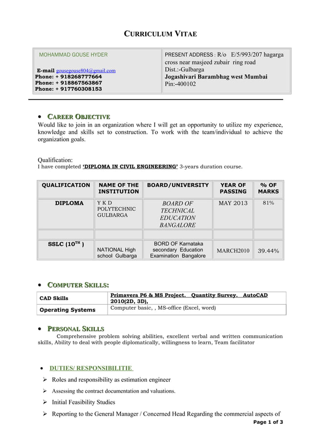 Hyder Cv Quantity Surveyor | DOC