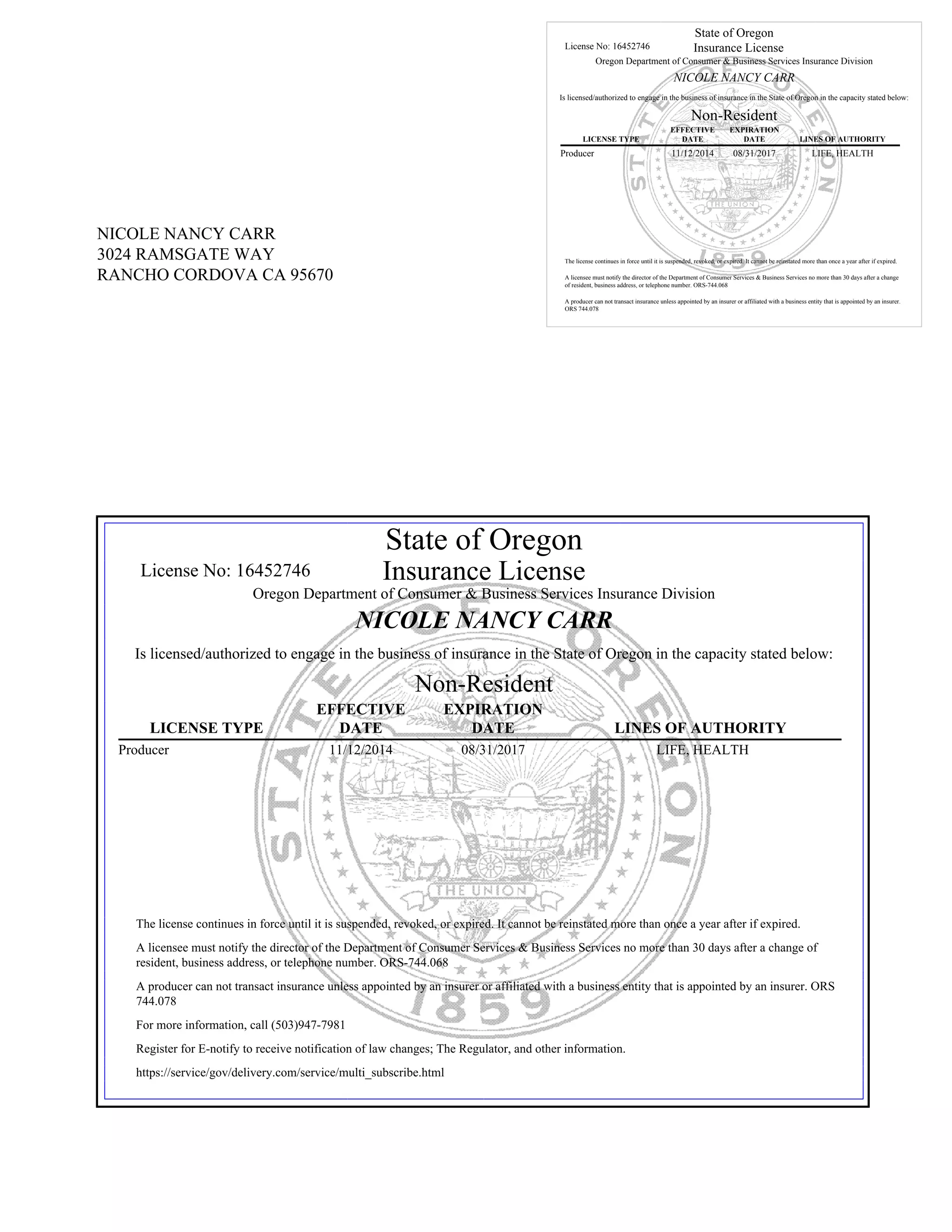 OR Insurance License-Nicole | PDF