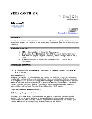 Resume Sreekanth KC Systems Engineer | PDF
