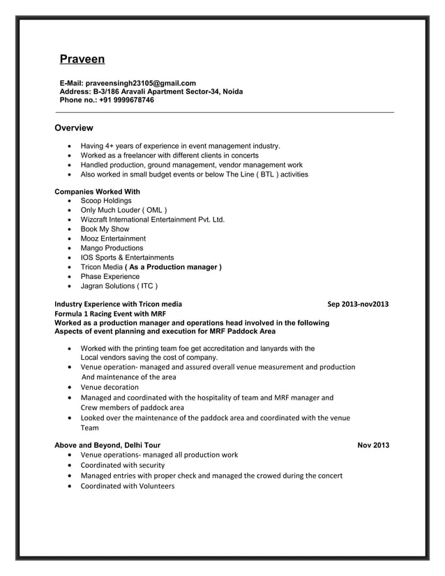 praveen Resume | DOC | Music | Entertainment