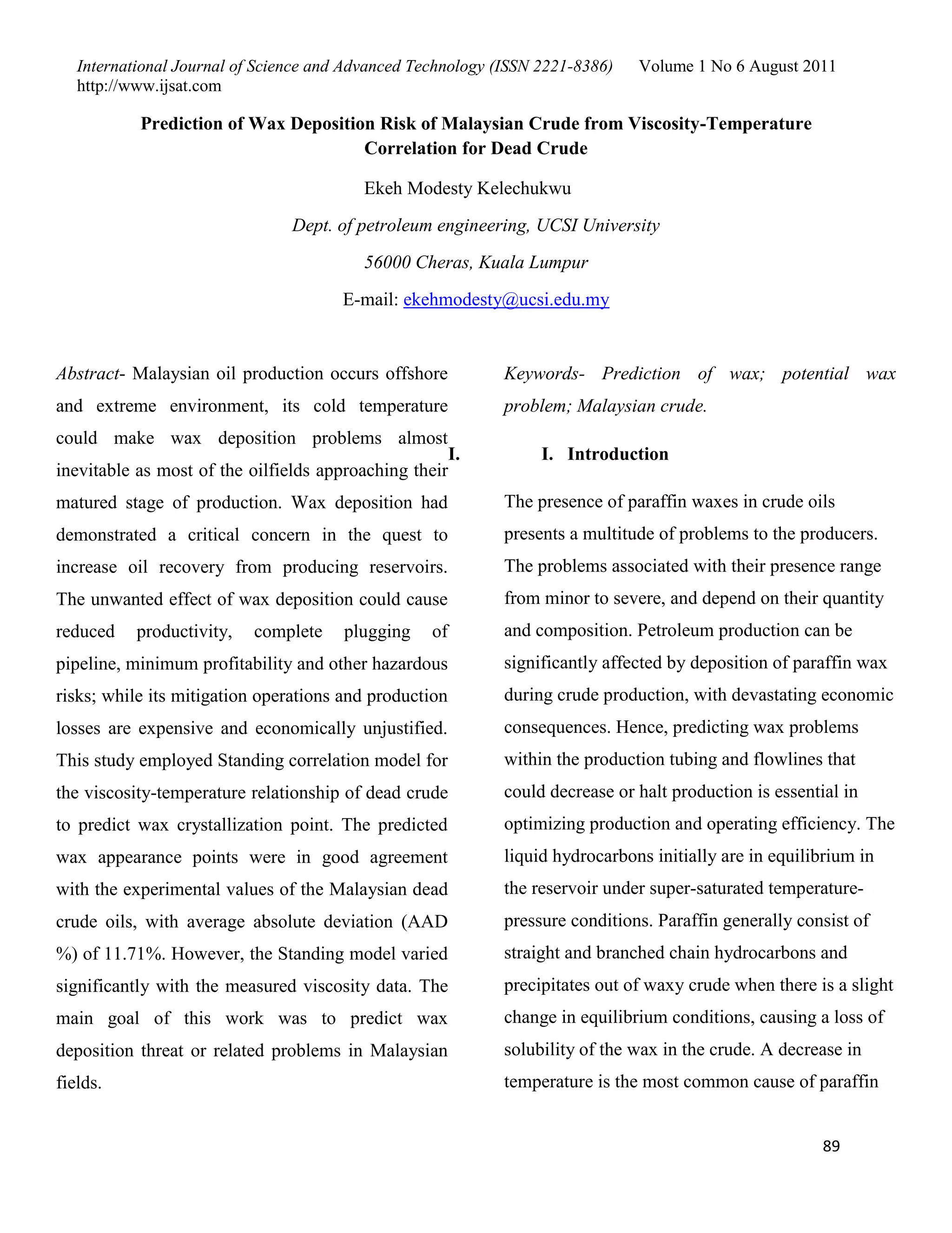 Prediction of wax Deposition Risk of Malaysian Crude... | PDF