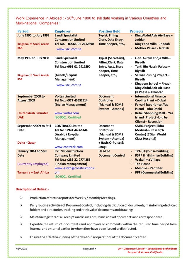 CV - Sr. Document Controller - Aconex - Passport - Mr. Satishkumar ...