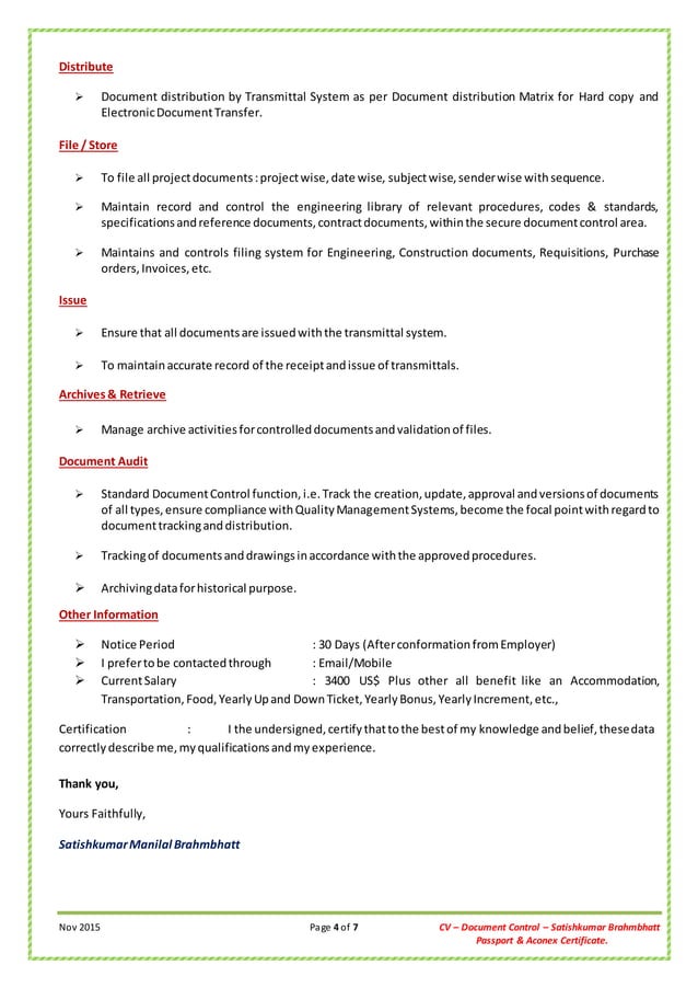 CV - Sr. Document Controller - Aconex - Passport - Mr. Satishkumar ...