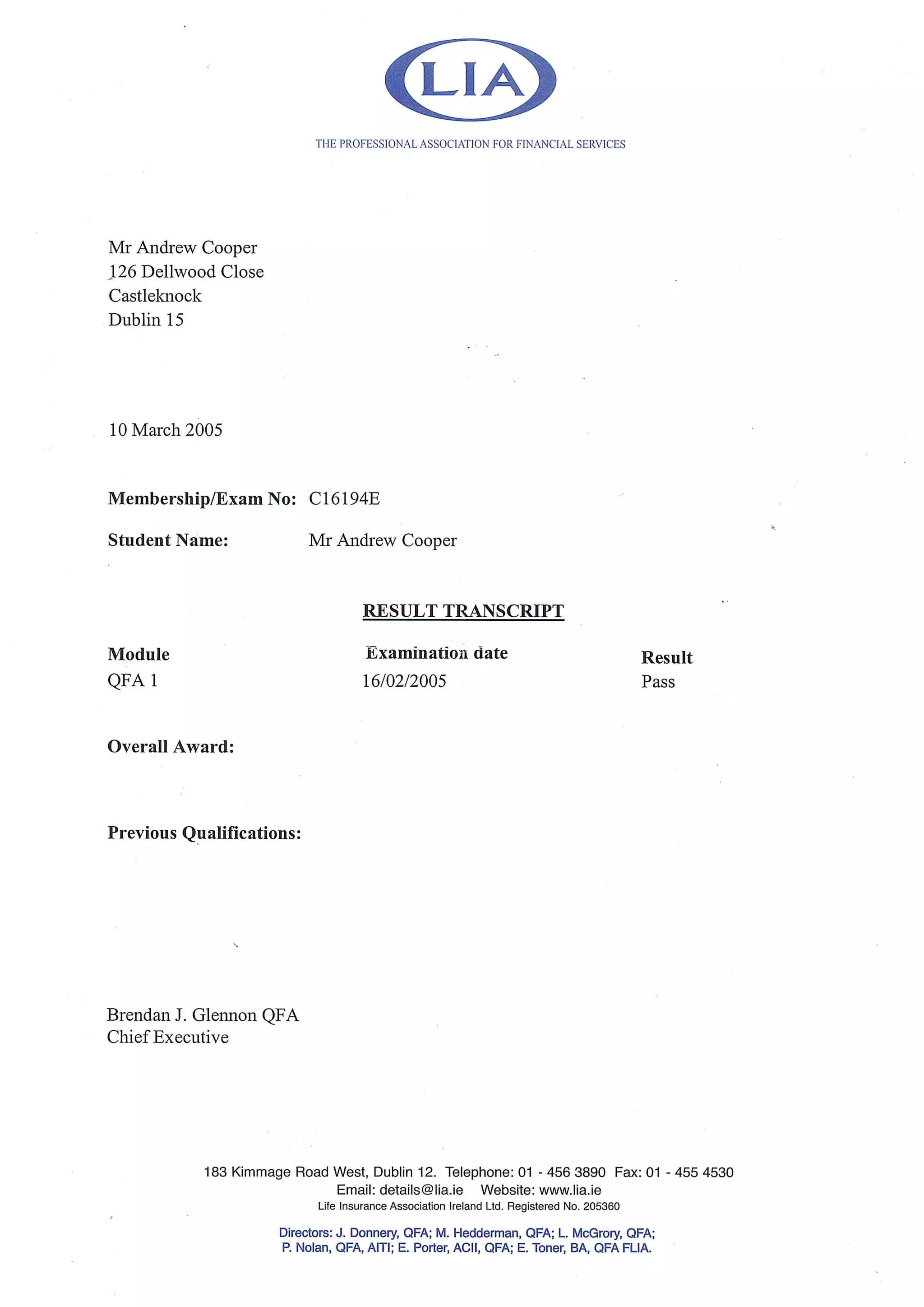 QFA 1 Result Transcript 2005 | PDF