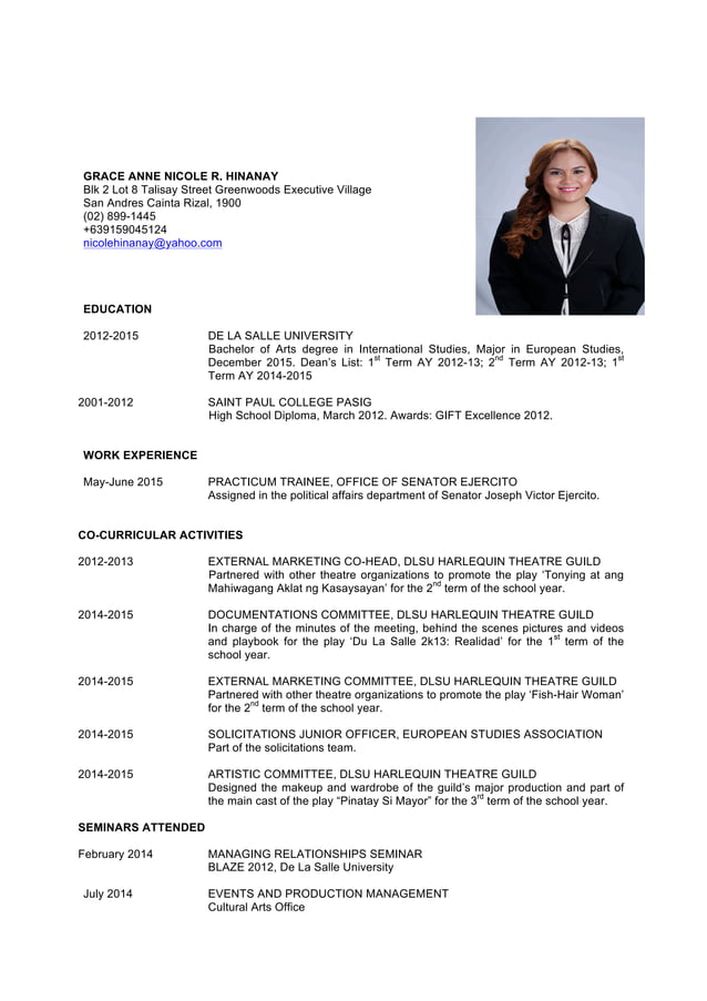 Hinanay_Grace Anne Nicole_ CV | PDF
