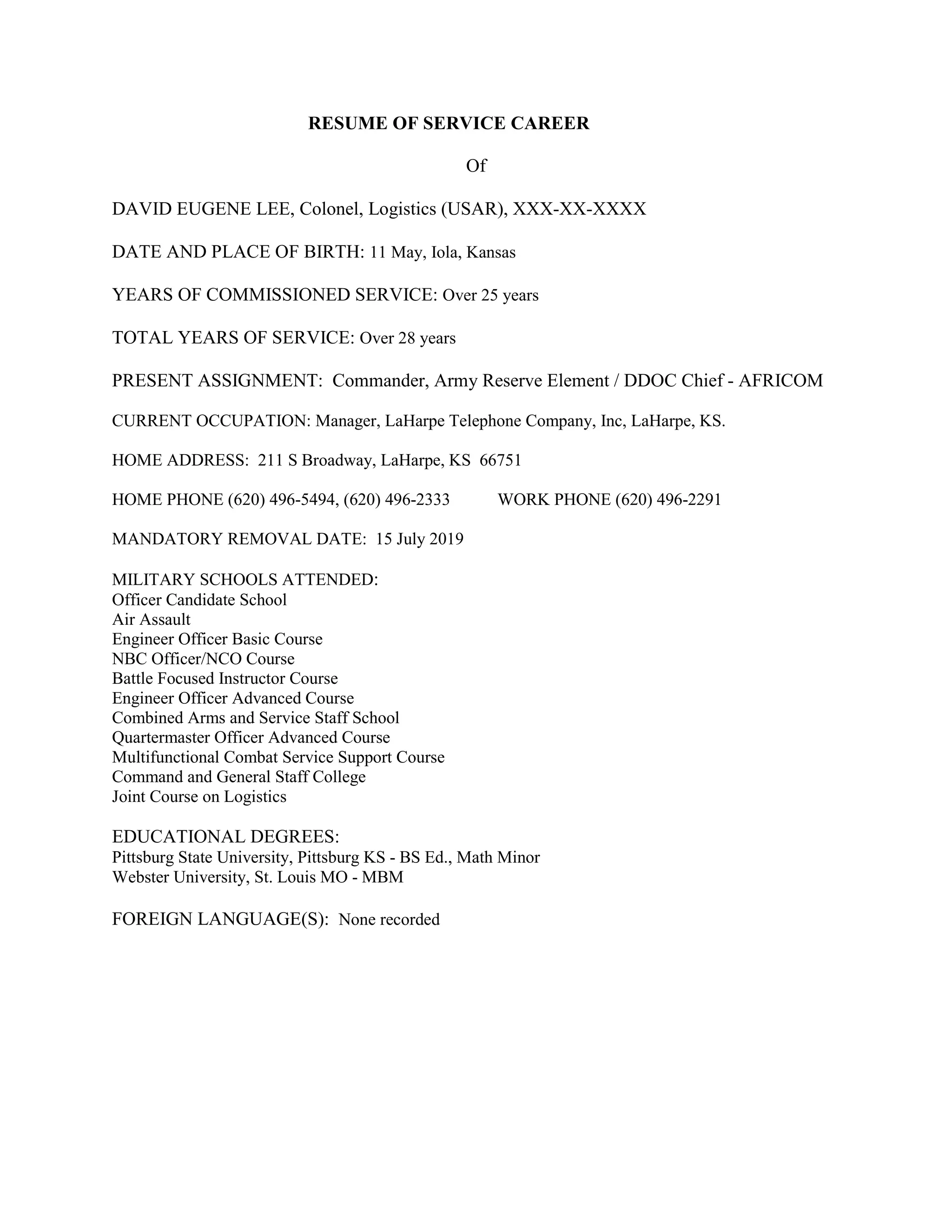 Military Resume of Col David Lee 31OCT14 | PDF