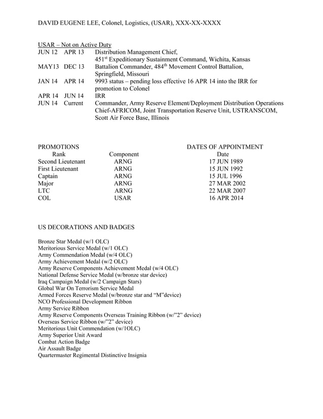 Military Resume of Col David Lee 31OCT14 | PDF | Free Download