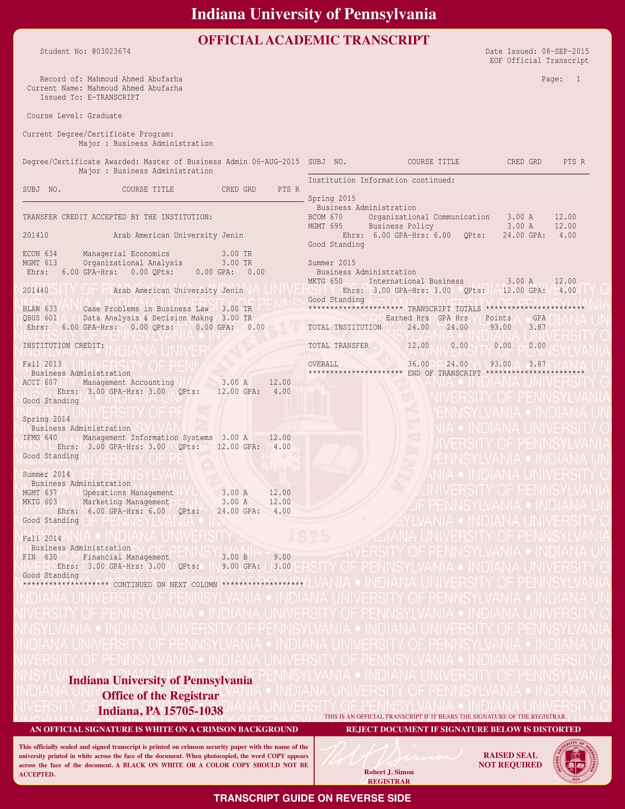 Mahmoud Abu Farha_ MBA Transcript_Indiana University of Pennsylvania | PDF