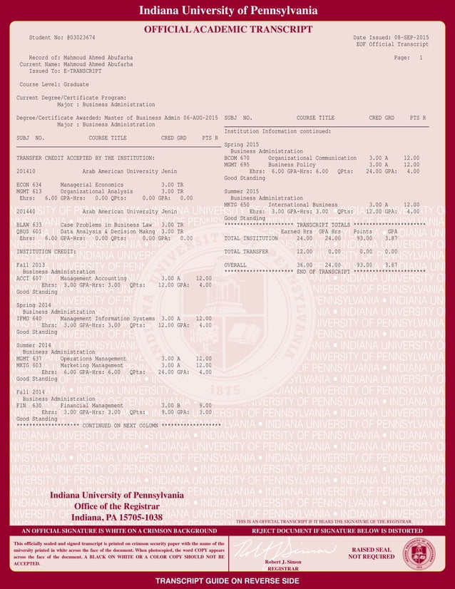Mahmoud Abu Farha_ MBA Transcript_Indiana University of Pennsylvania ...
