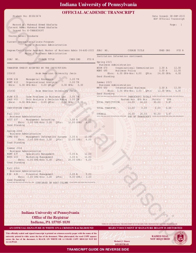 Mahmoud Abu Farha_ MBA Transcript_Indiana University of Pennsylvania