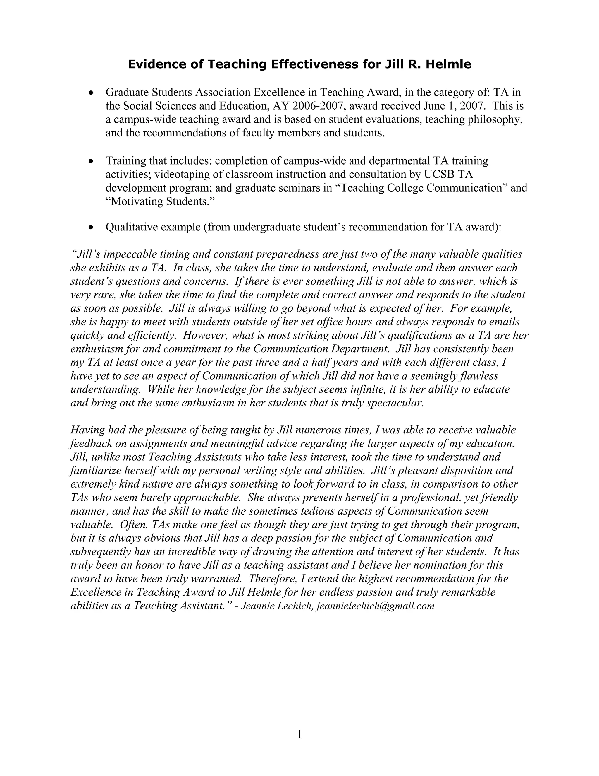 Jill Helmle Evidence of teaching effectiveness 022409 | PDF