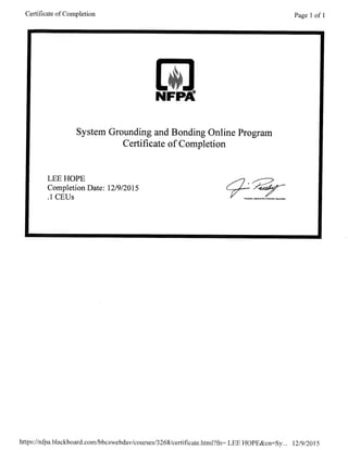 NFPA GROUNDING BONDING CERT