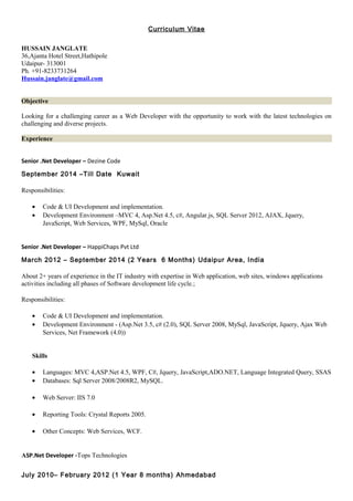 Resume Hussain Senior Developer | PDF