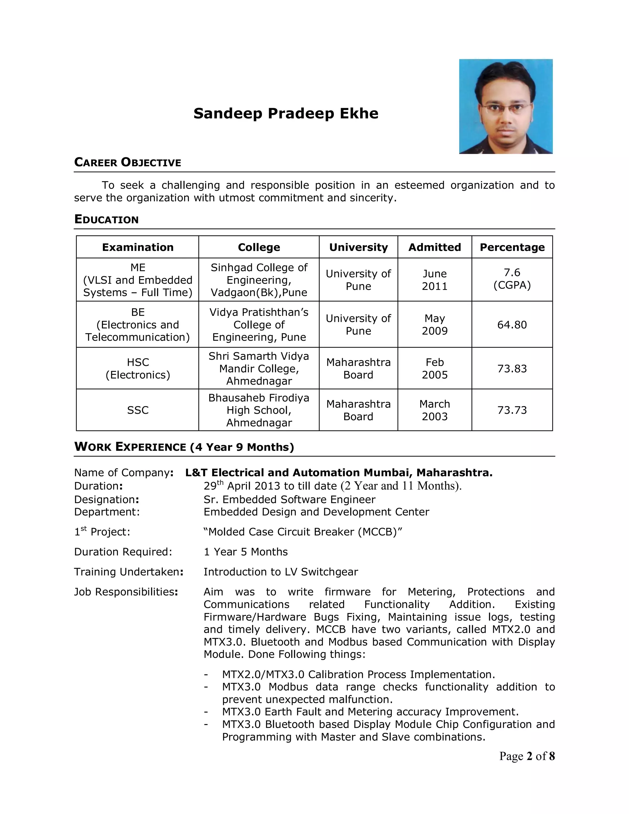 CV SANDEEP_EKHE_ME_VLSI and Embedded Systems_4.9 year Exp in Embedded Firmware Designing | PDF
