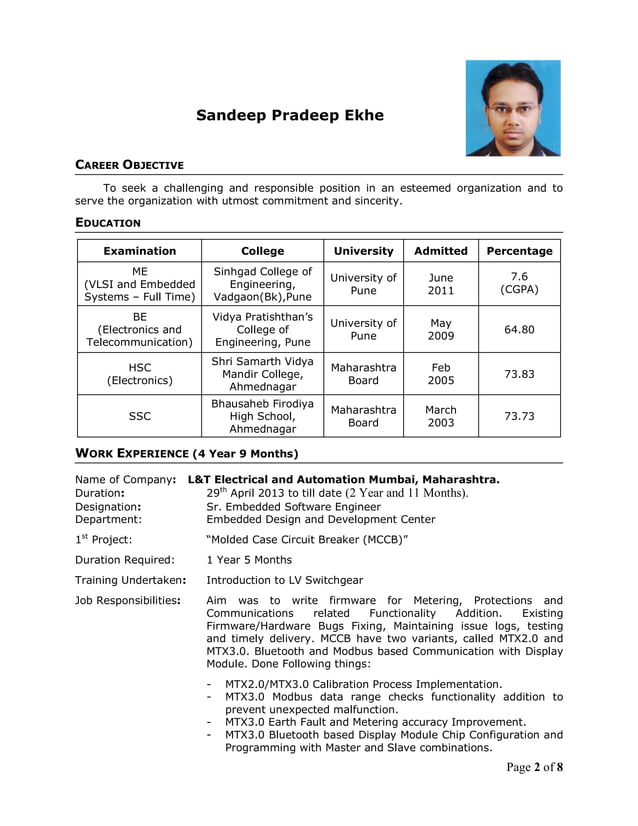 CV SANDEEP_EKHE_ME_VLSI and Embedded Systems_4.9 year Exp in Embedded Firmware Designing | PDF