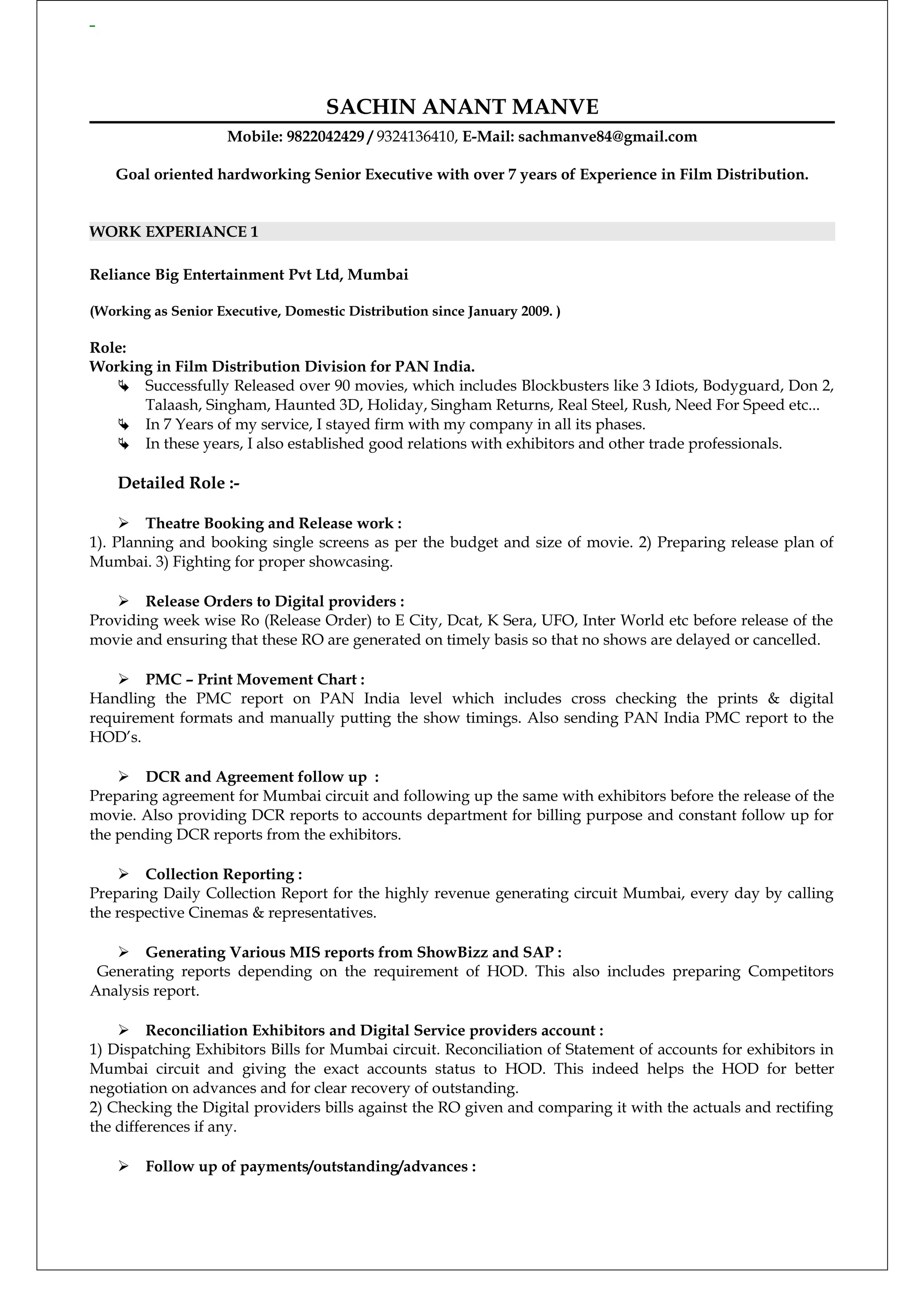 Sachin Resume (1) | DOC | Movies | Entertainment