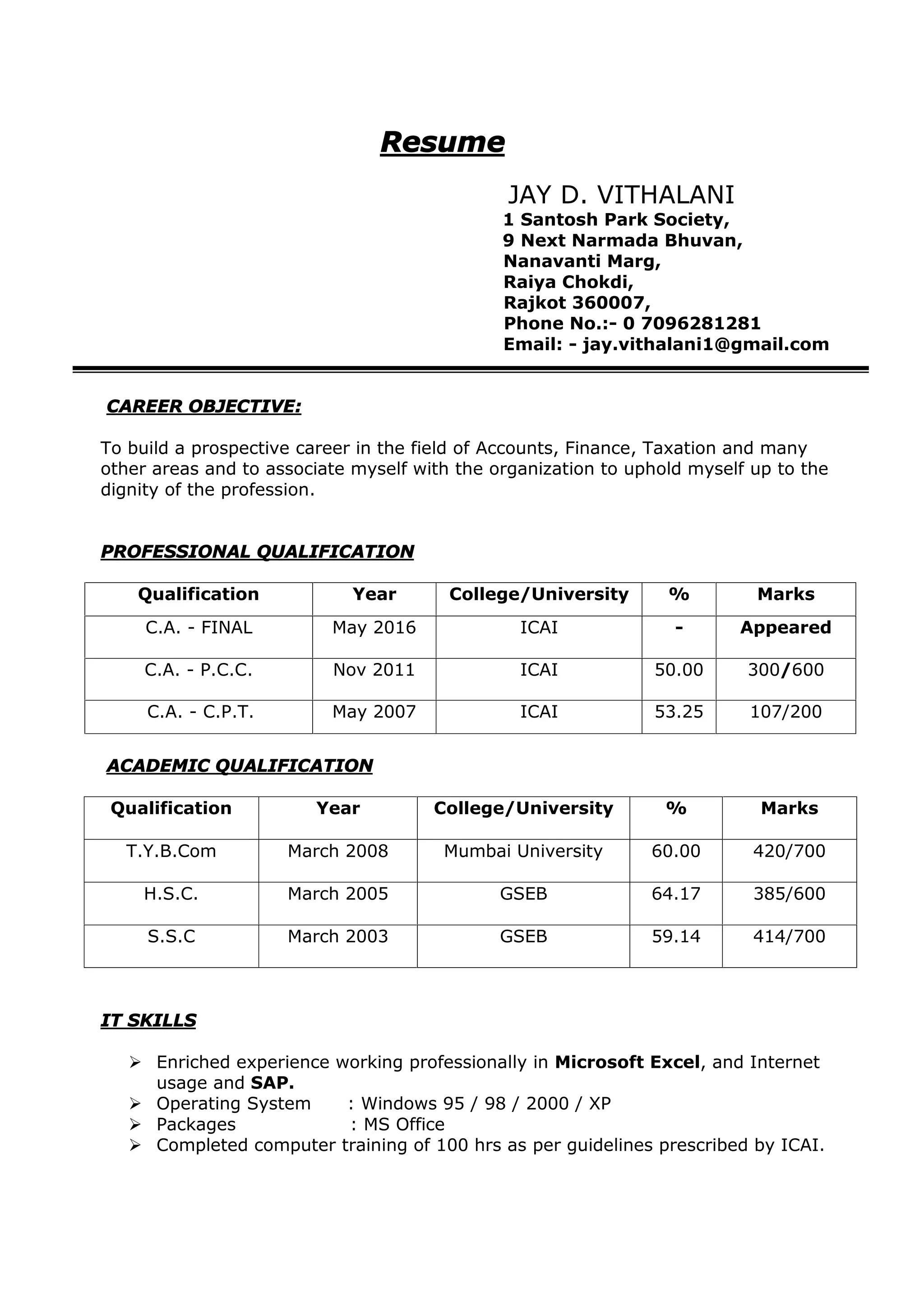 Jay D Vithalani Resume | PDF | Resume Writing and Advice | Job Search