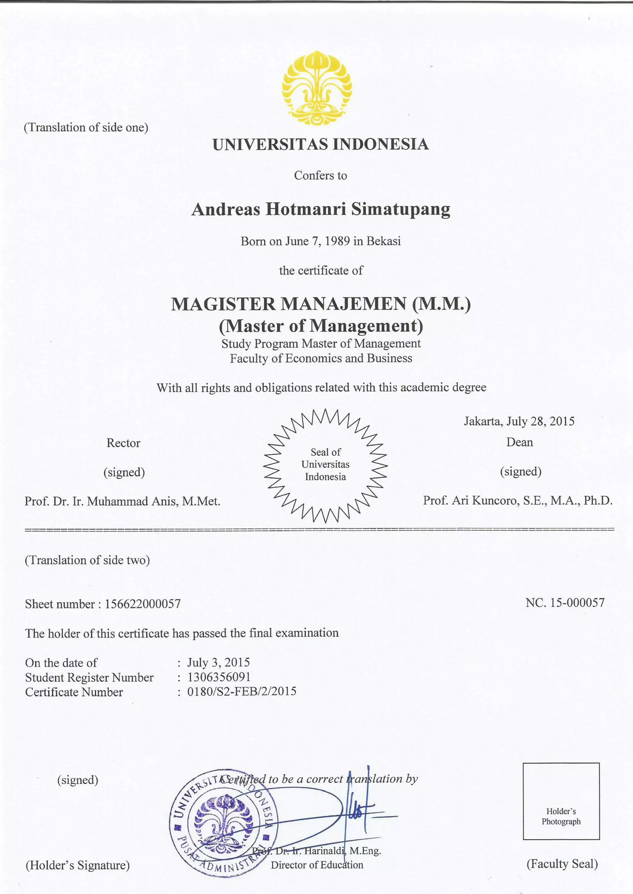 Master_Certificate English_Andreas Hotmanri Simatupang | PDF