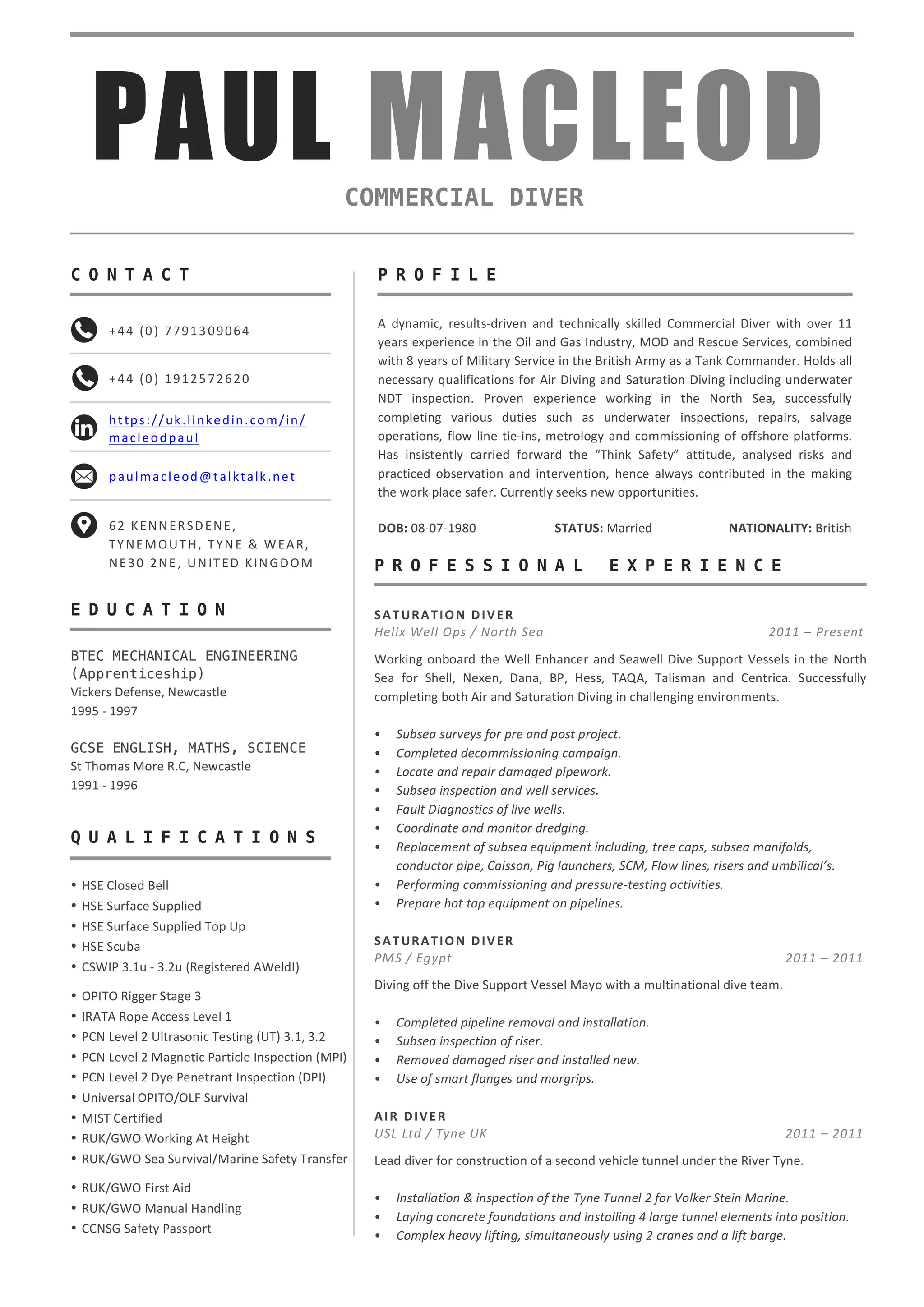 Paul Macleod - Commercial Diver CV | PDF