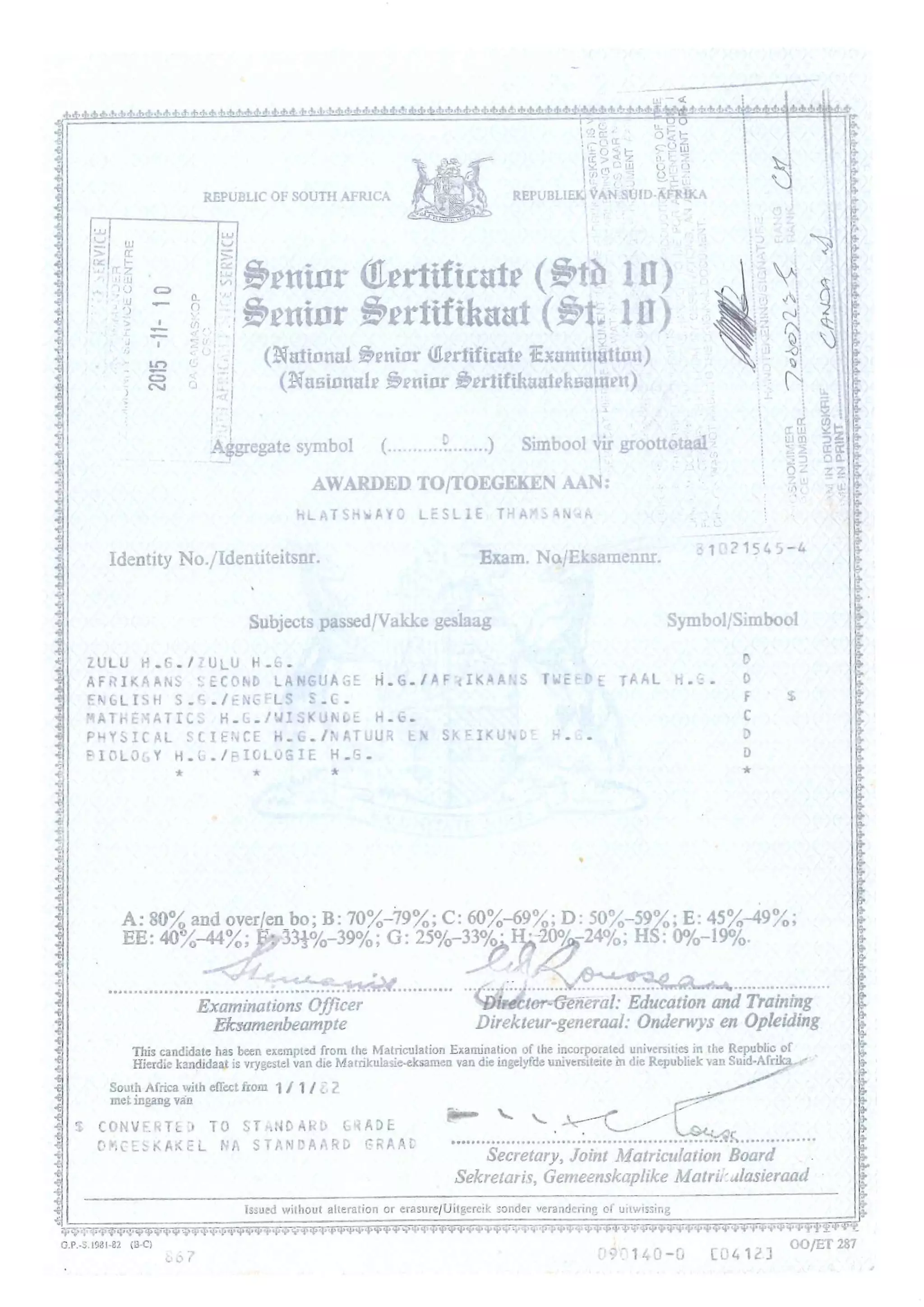 Matric Certificate (Grade 12) - Leslie T. Hlatshwayo | PDF
