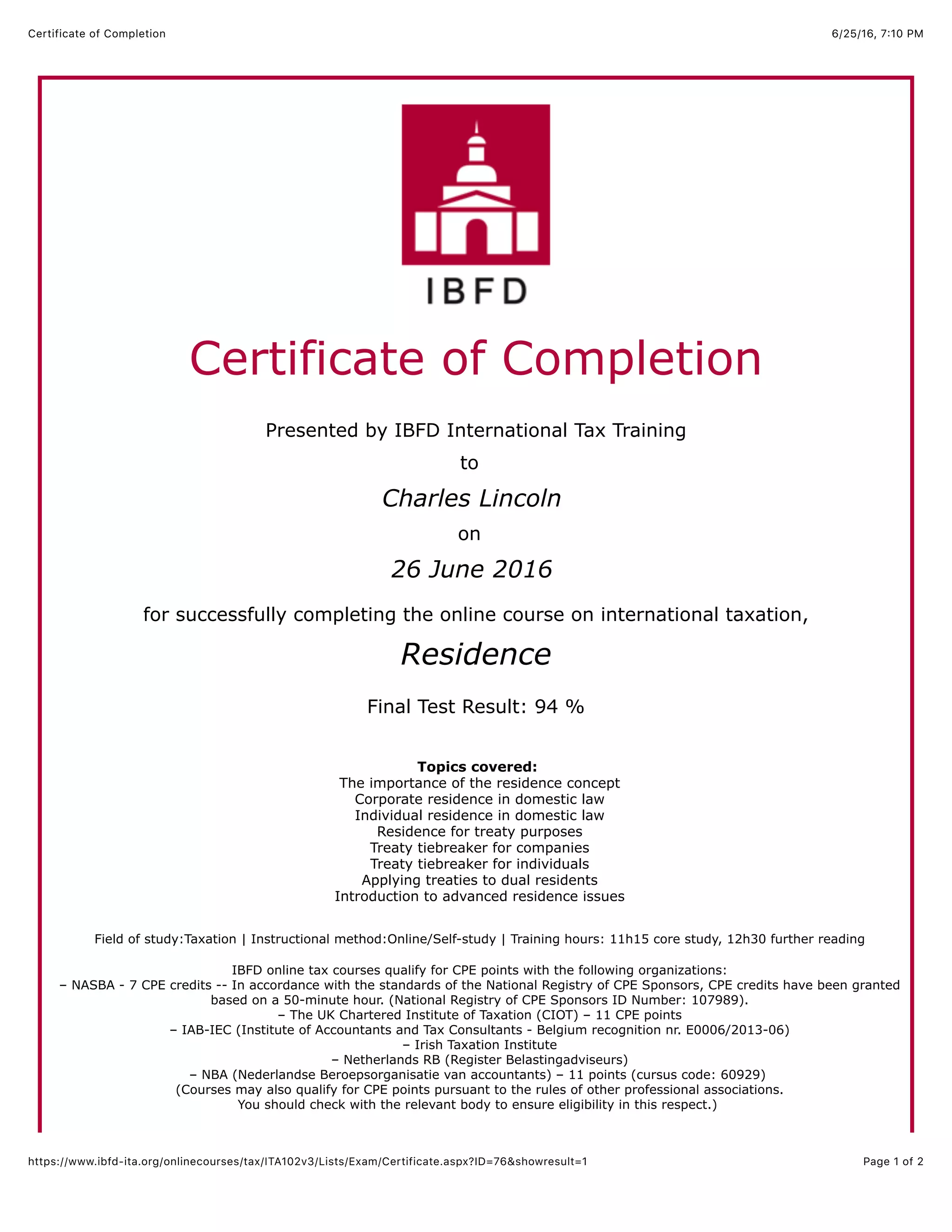Certificate of Completion Residency Tax IBFD | PDF